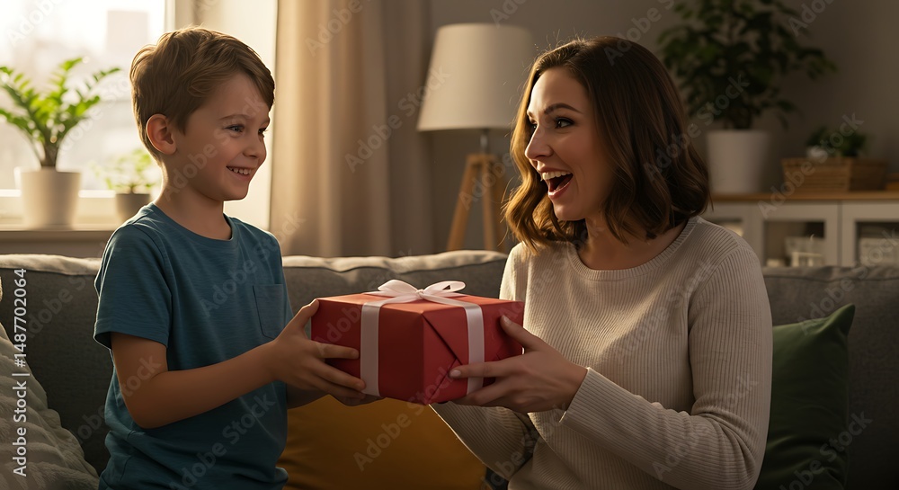 Boy giving present to woman Stock Photo | Adobe Stock