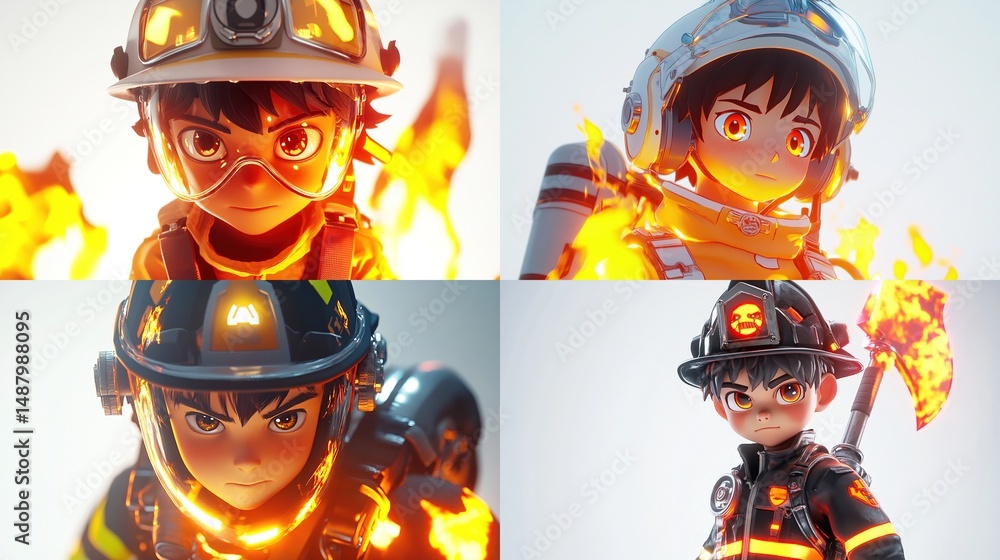 Anime firefighter grid with flames, helmet, and gear, set against a ...