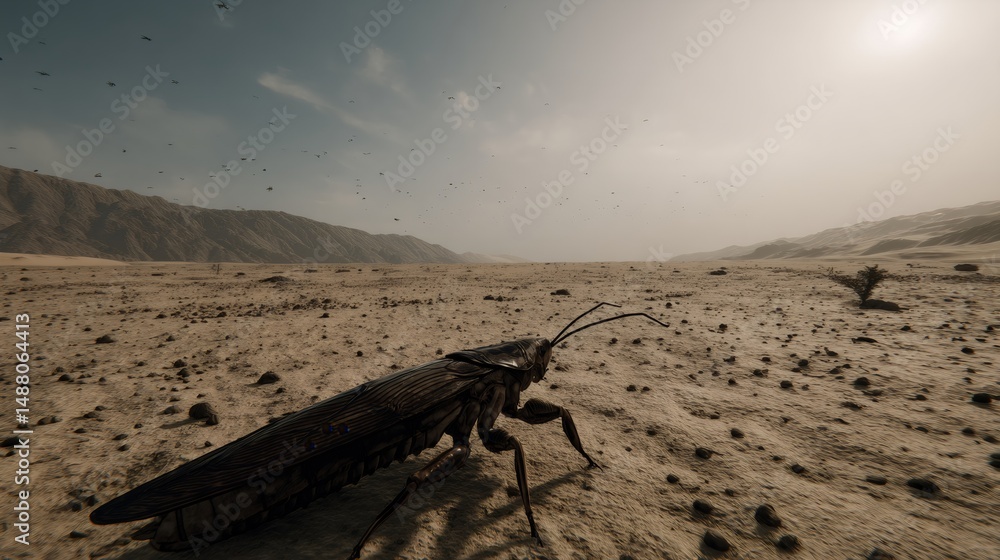 Giant insect in desert wasteland under cloudy sky. Post apocalyptic ...