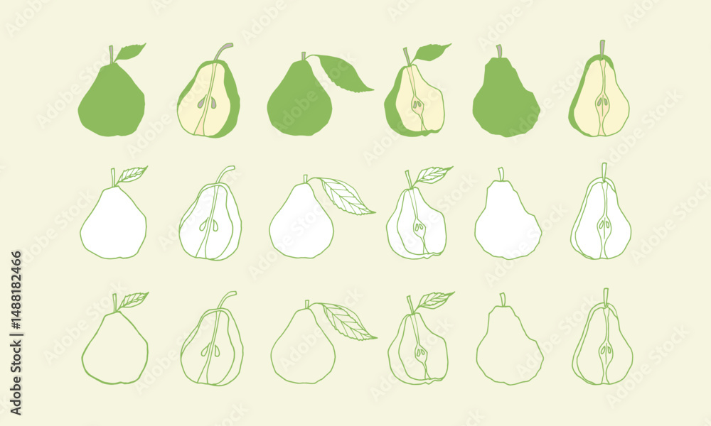Stock-Vektorgrafik „Hand-drawn set of green pears, halves of pears ...