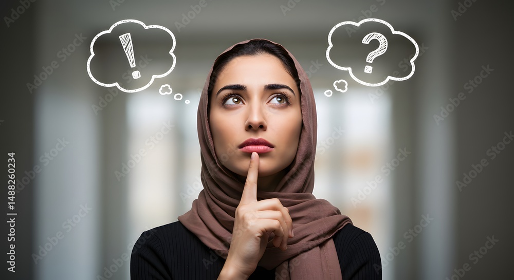 Pensive Muslim Woman with Question and Exclamation Mark Thought Bubbles ...