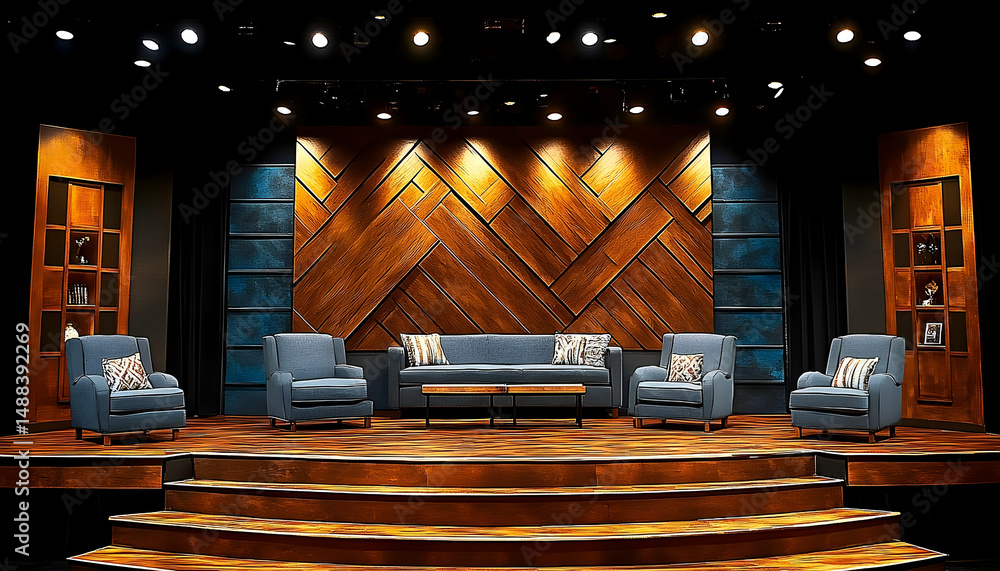 Stage setup with modern design armchairs and sofa on a stage featuring ...