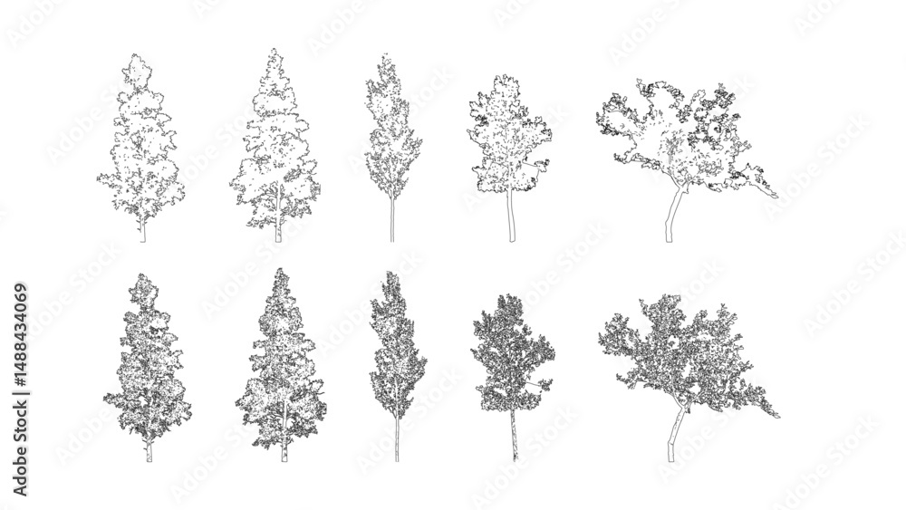 Minimal style cad tree line drawing, Side view, set of graphics trees elements outline symbol ...