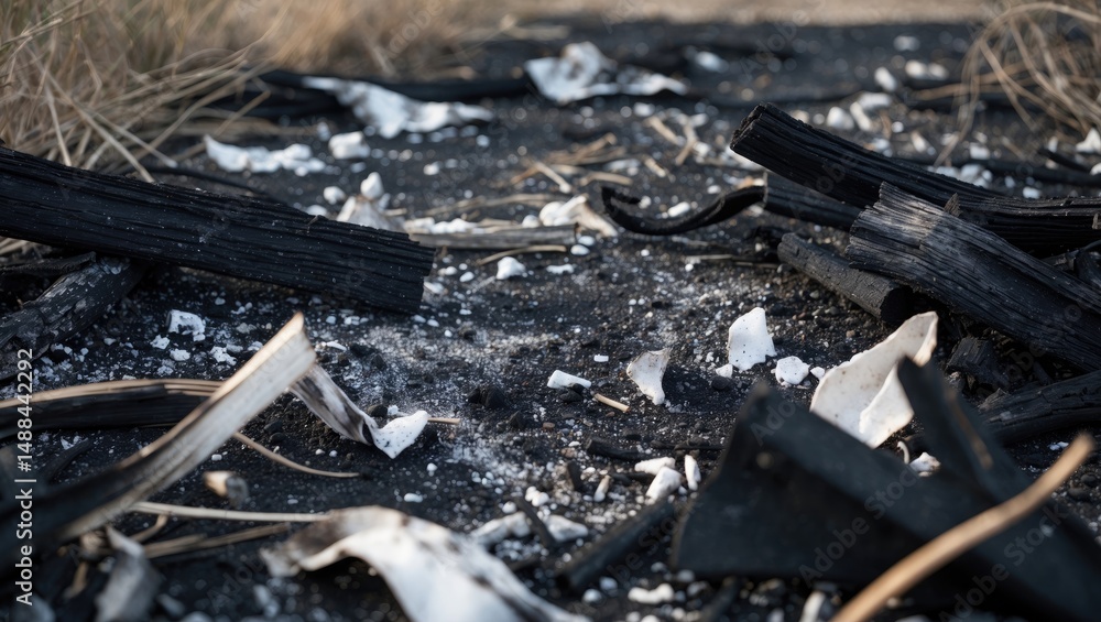 Texture-rich image of burnt grass, ashes, and dust on a ground surface ...