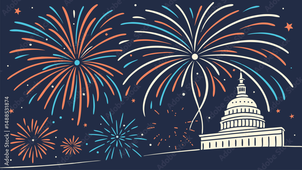 Fourth of July Fireworks Over the US Capitol Building Stock Vector ...