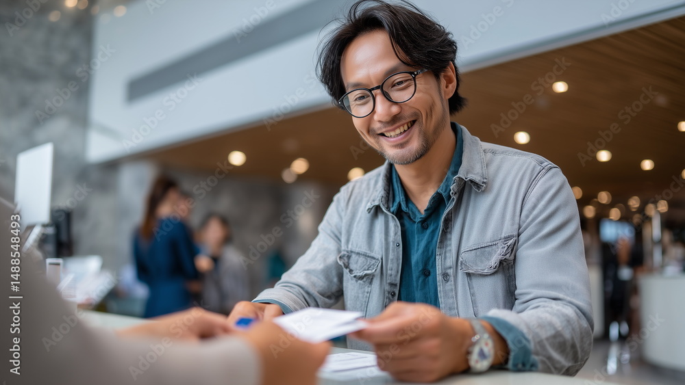 Asian man at a bank counter withdrawing funds, handing a transaction ...