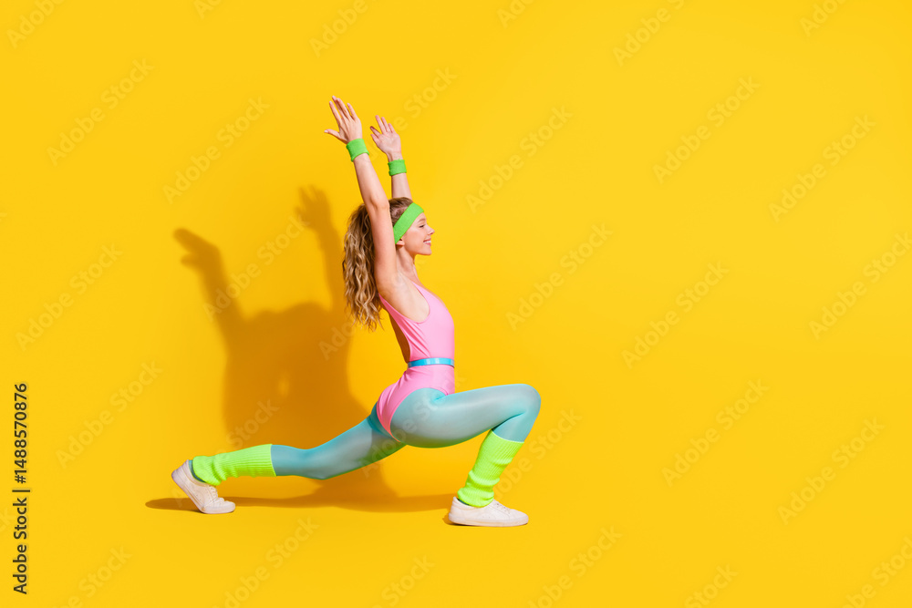 Colorful retro workout with young female athlete in vintage bodysuit on ...