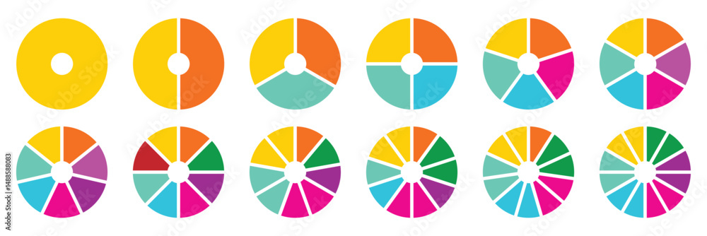 Circle division infographic icon set. Pie chart divided 1,2,3,4,5,6,7,8,9,10,11,12 equal parts ...