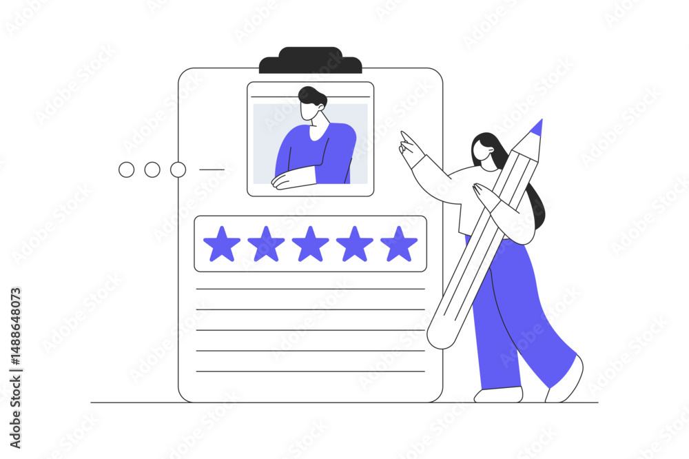 Businesswoman painting star on candidate profile highlighting top ...