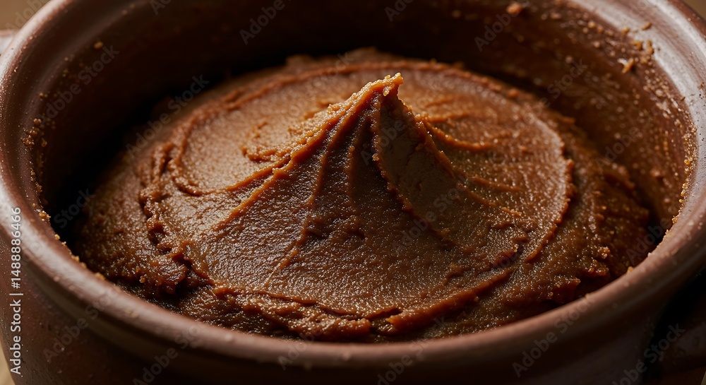 Miso paste in an earthenware pot, dark brown and aromatic. Traditional ...