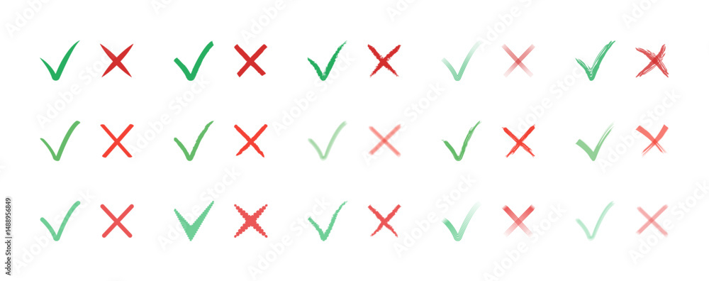 Check marks and crosses set, green ticks and red X line icons for checkboxes and voting ...