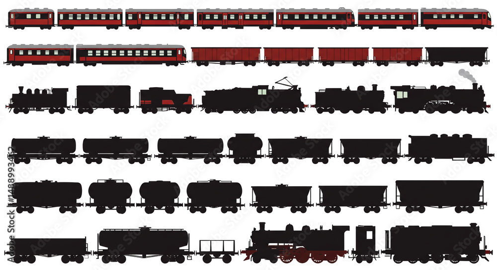 Trains Set Vector Illustration Locomotives Steam Engines Red Passenger ...