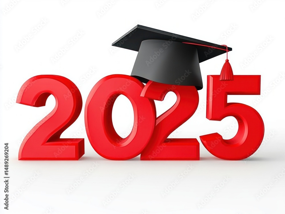 Red numbers forming 2025 with a black graduation cap on the number five ...
