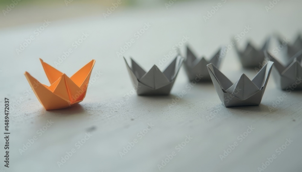 Origami Paper Boats with One Orange Boat and Gray Boats on Light ...