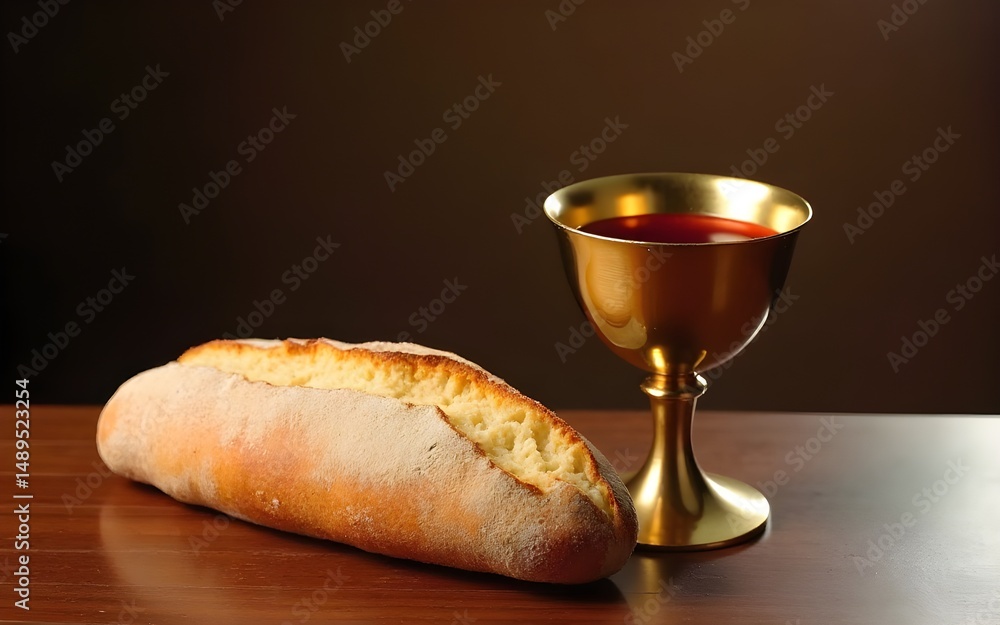Holy Communion. Loaf of bread and chalice of wine, symbols of body and ...