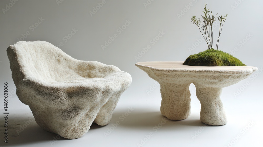 Chairs and tables grown from mycelium, bio-design lab, earthy textures ...