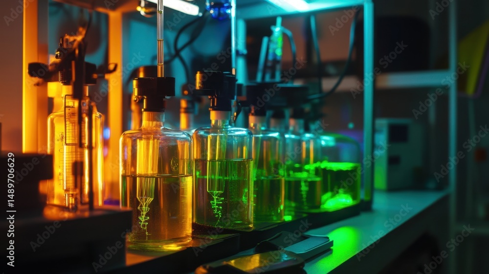 Neon-lit laboratory close-up of glowing colorful vials with emphasis on ...