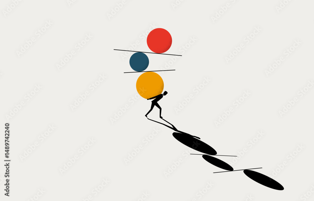Businessman trying to balance balls on his back, struggle for work life ...