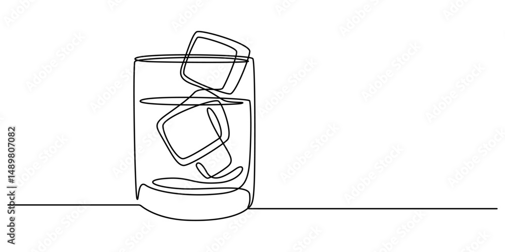One line sketch of whiskey in a glass with ice cubes. Bar and ...