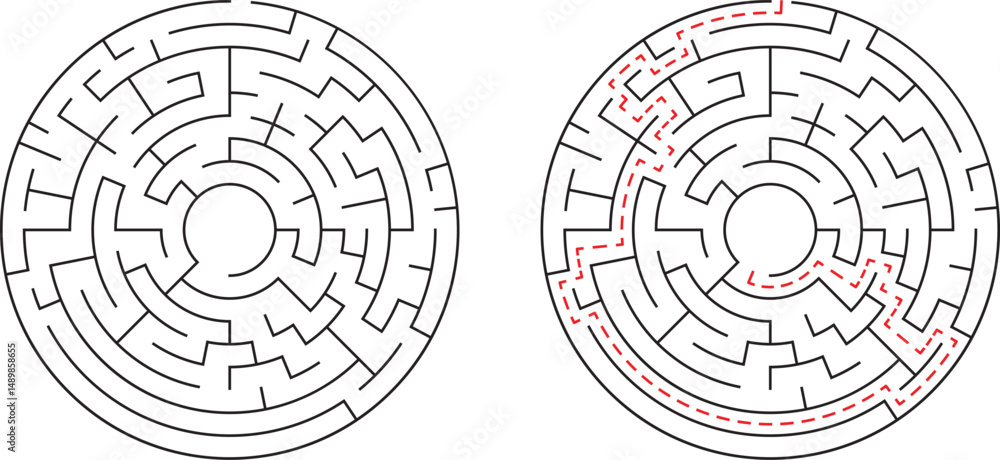 Solved and unsolved circular labyrinth puzzle showing a clear solution ...