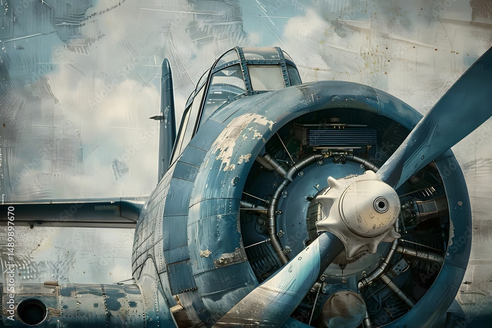 Fotografie Vintage Airplane Engine Close Up: Propeller, Cylinder, and ...