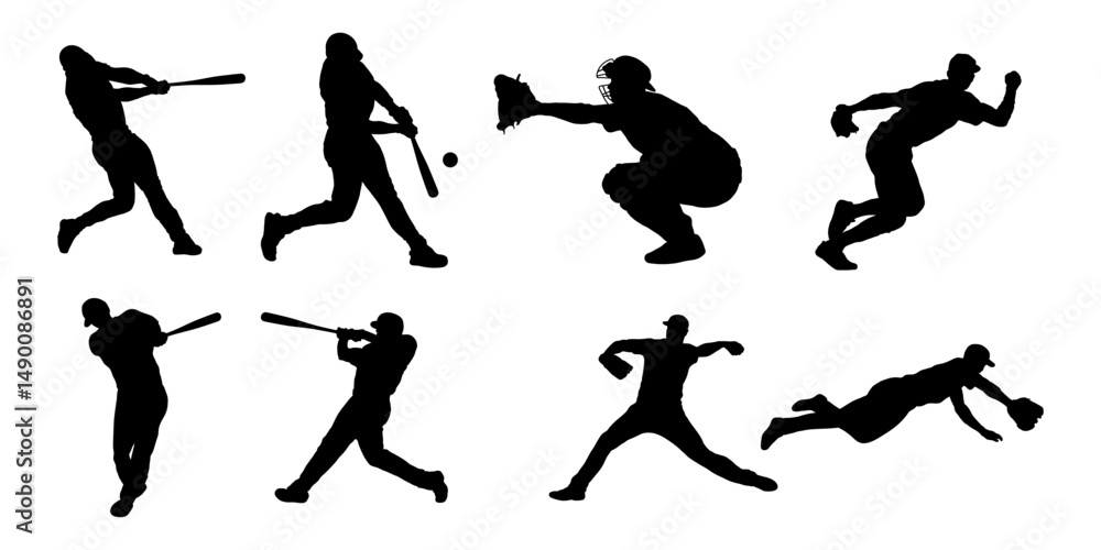 Baseball Player Silhouettes Set in Different Actions - Vector ...