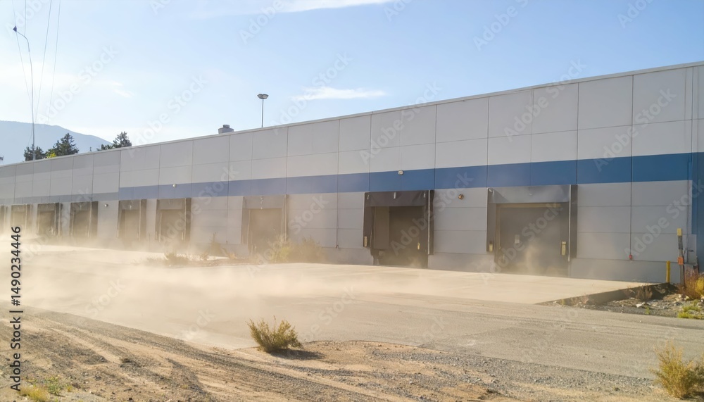 Derelict Refrigerated Warehouse with Loading Docks and Dust Swirls ...