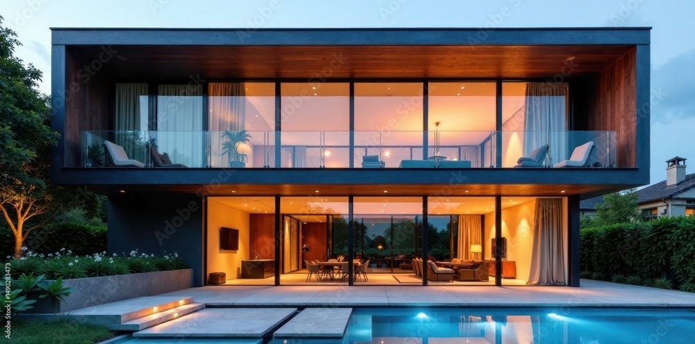 Sleek modern building facade with large glass windows and steel beams ...