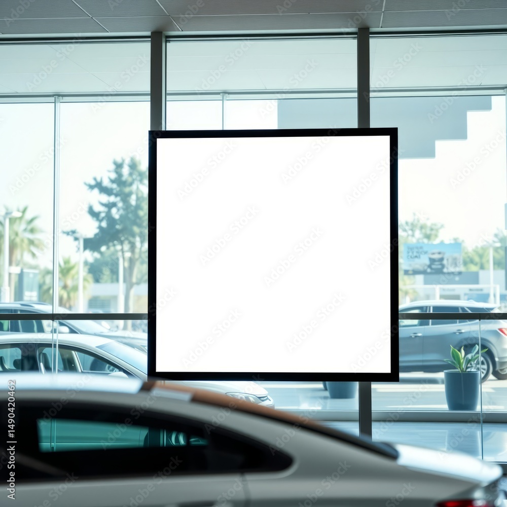 Empty digital signage display in a modern car dealership during daytime ...