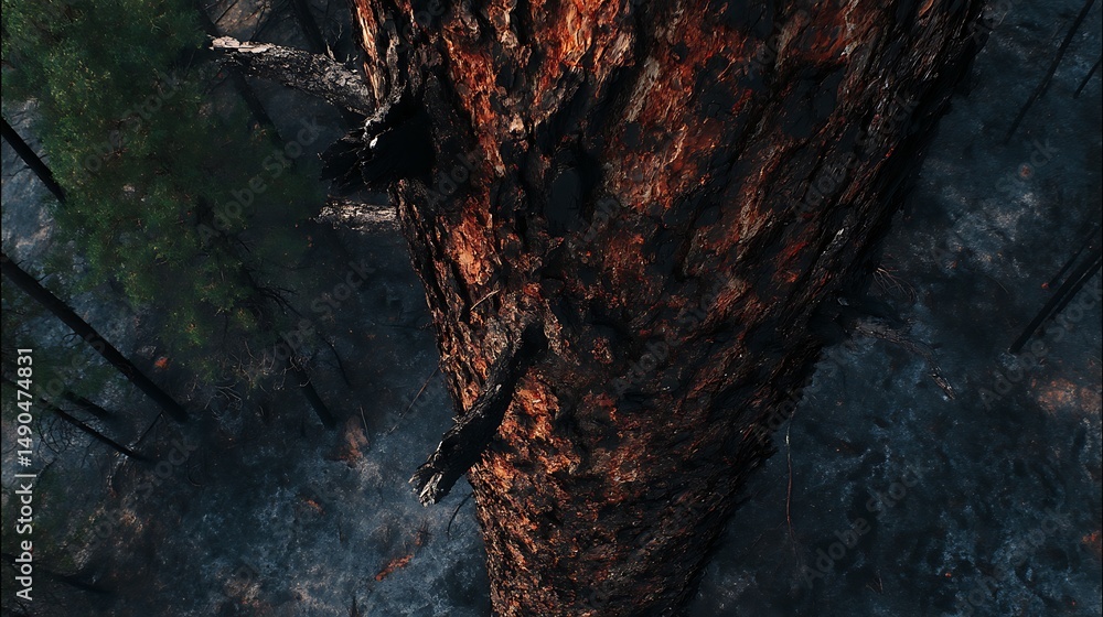 Birda??s-eye view of Close-up of tree bark showing burn marks from ...