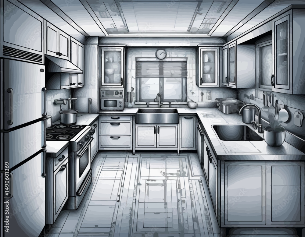 Modern Kitchen Blueprint Design-Detailed Interior Architecture Sketch ...