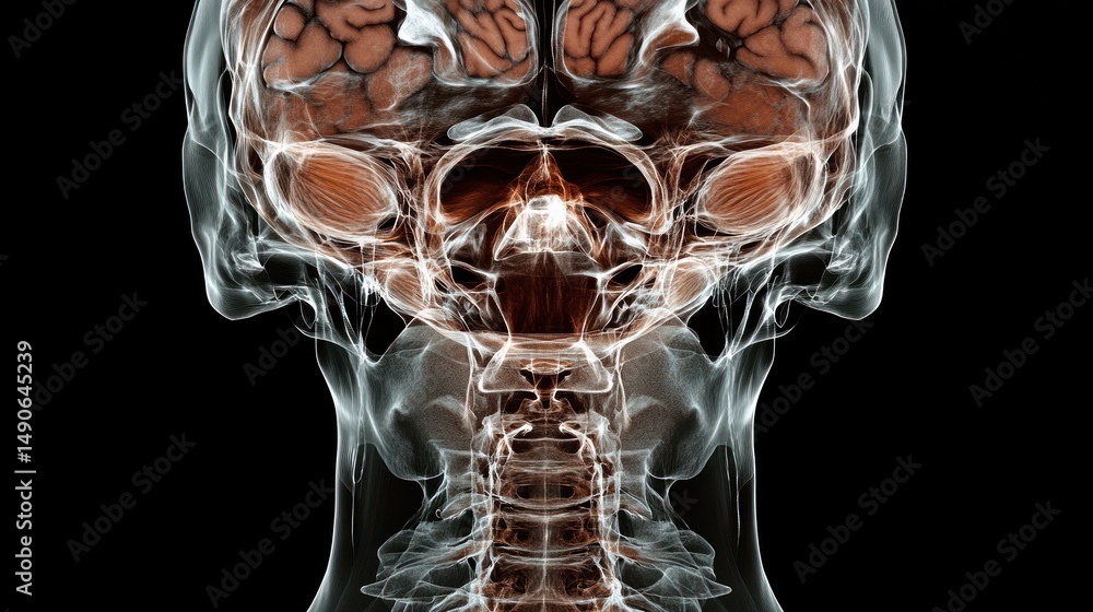 Detailed anatomical view of the human head and neck, highlighting brain ...