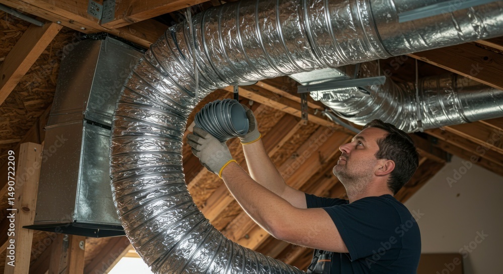 HVAC Technician installing ductwork in attic Stock Illustration | Adobe ...