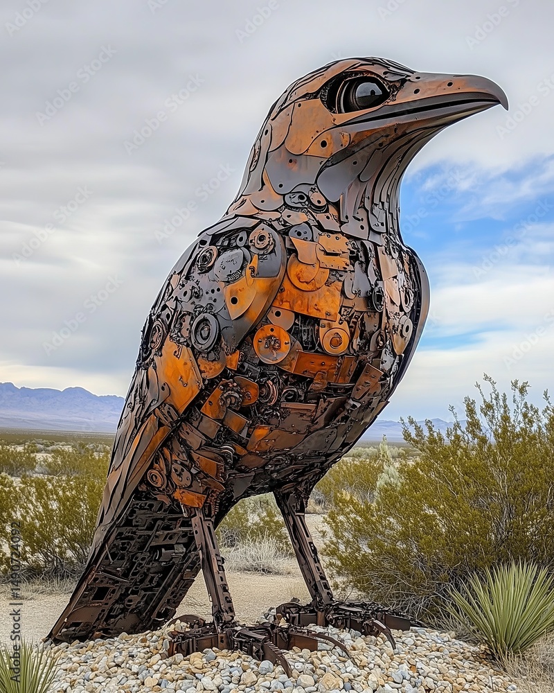 Mechanical Crow on Gear sculpture as centerpiece of a forgotten desert ...