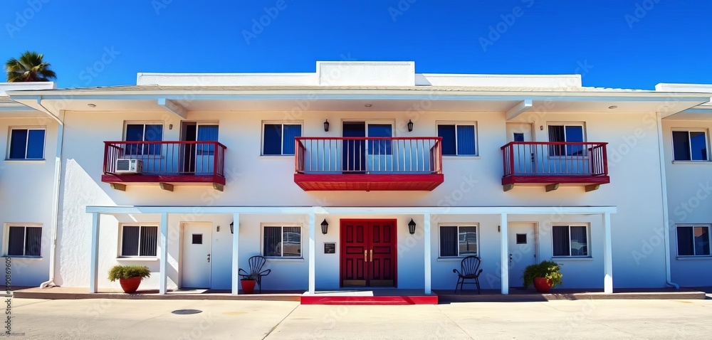 Symmetrical white Southwestern ranch motel facade Balcony, windows ...