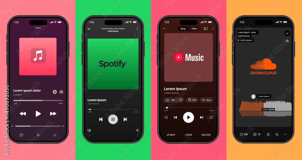 Apple Music, YouTube Music, Spotify, and SoundCloud mobile UI mockup ...