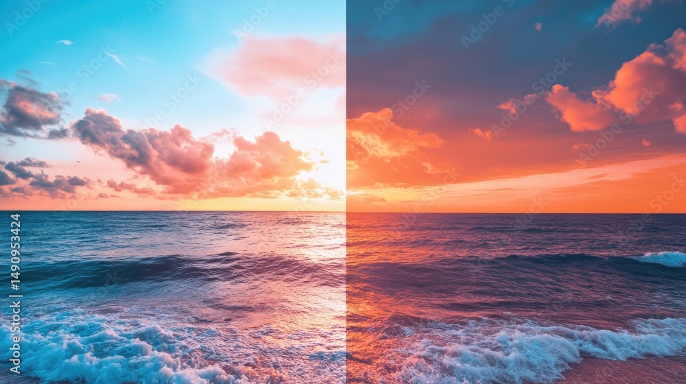 Split view of vibrant sunset over ocean, before and after color grading ...