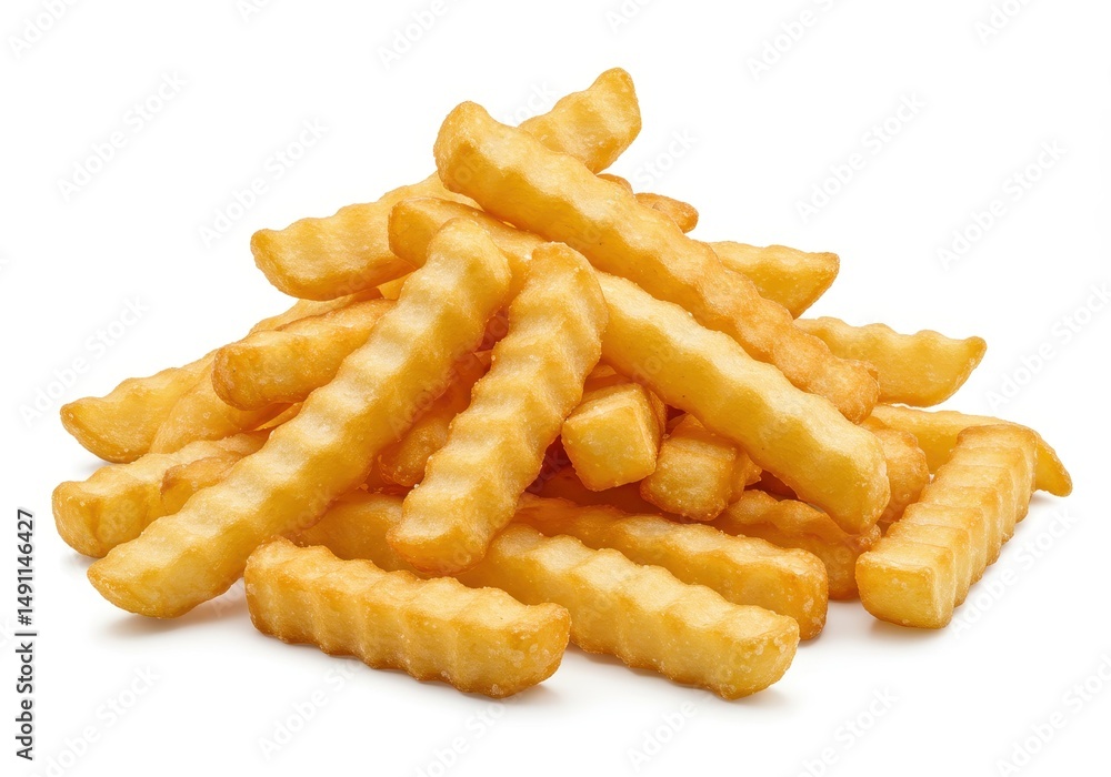 Pile of golden crinkle cut french fries isolated on a white background ...