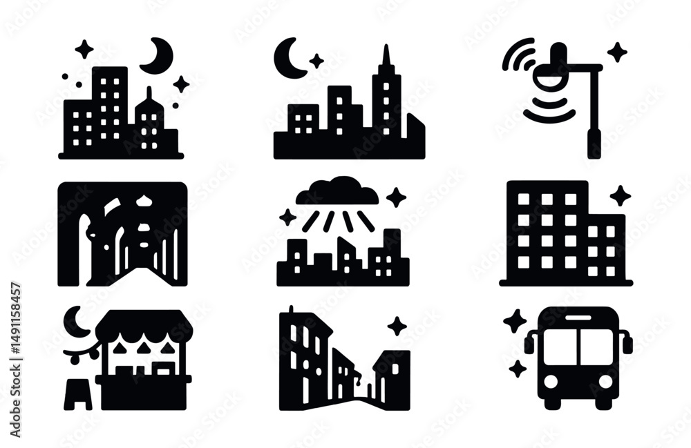 Vektor Solid style icons of nighttime urban evolution: city lights view ...