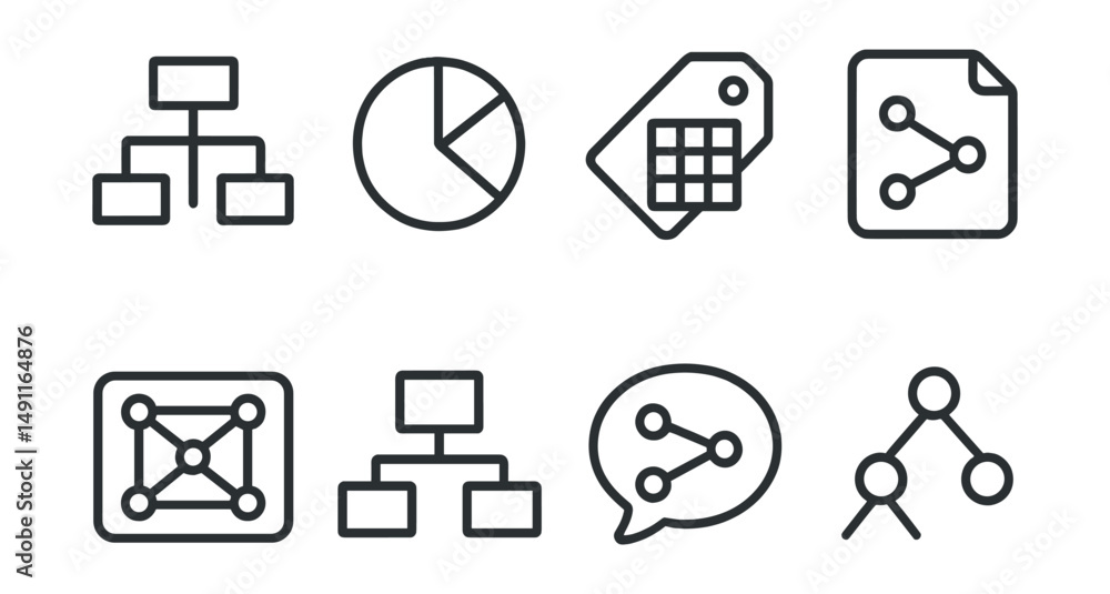 Line style icons of diagrammatic representations: flow diagram icon ...