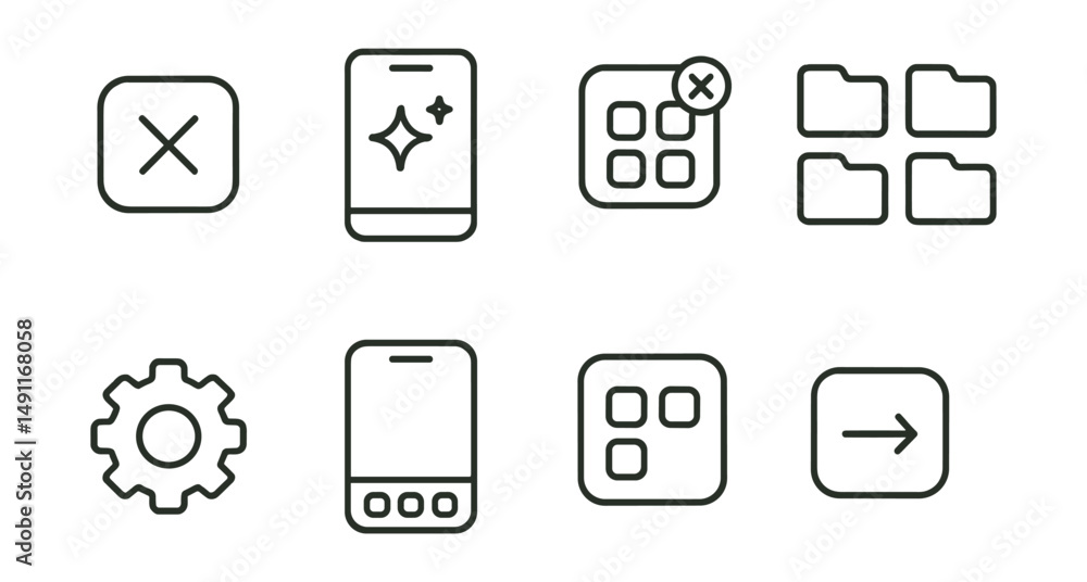 Line style icons of decluttering digital space: delete app icon, clean ...