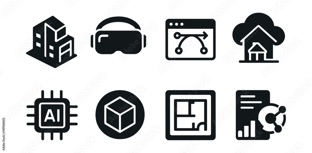 Vektor Solid style icons of digital architecture tools: BIM model, VR ...