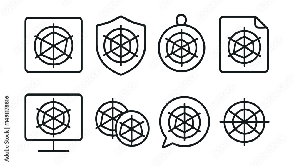 Line style icons of radar diagrams: multi-axis chart icon, angular ...