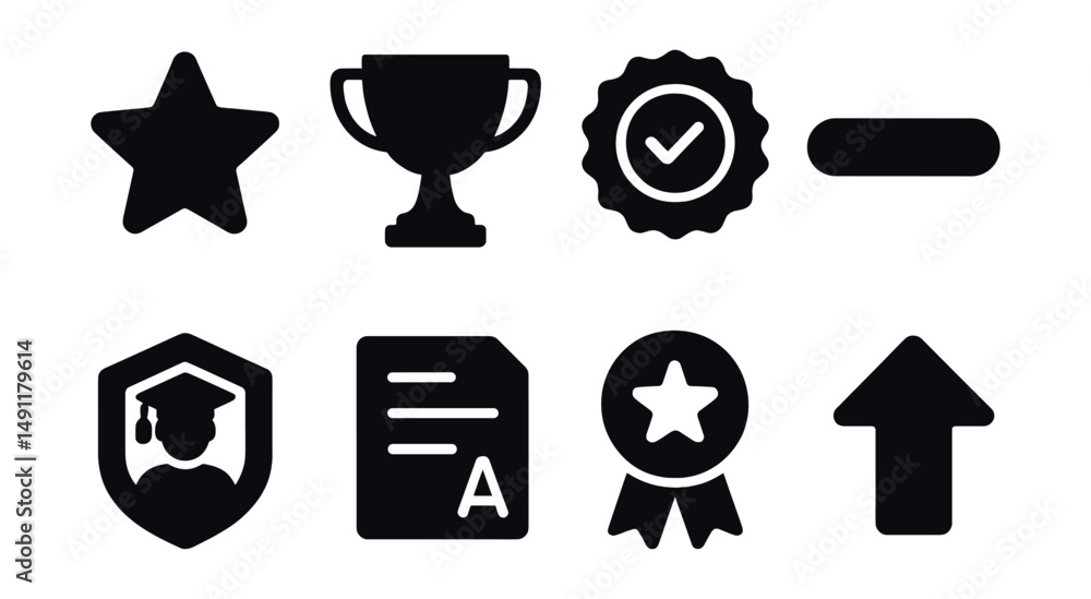 Solid style icons of school achievements: star sticker, trophy icon ...