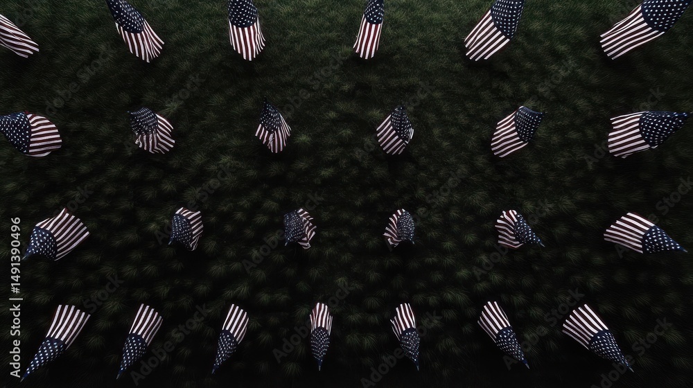 Multiple American flags planted in green grass from an aerial view ...