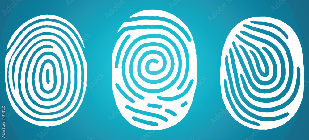 Collection of 3 white fingerprint isolated on blue background. vector ...