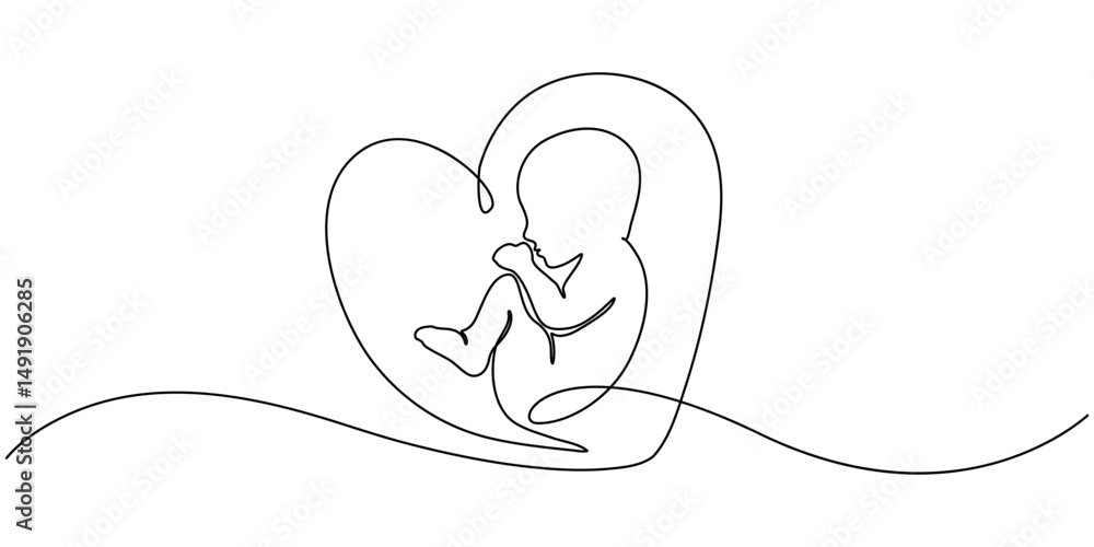 Baby embryo in womb one line drawing. Cute unborn fetus baby on mother ...