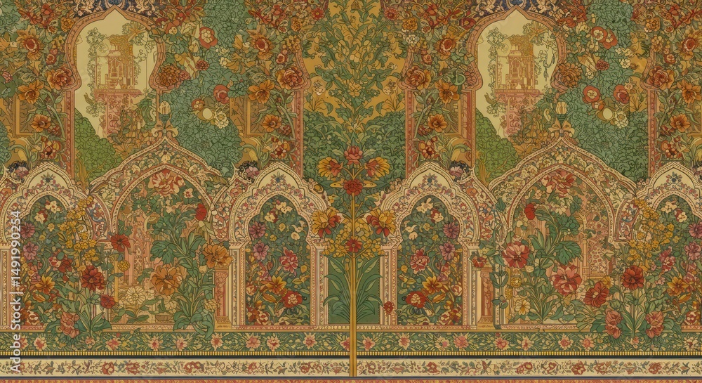 Elegant Mughal seamless pattern featuring floral plant designs and arch ...