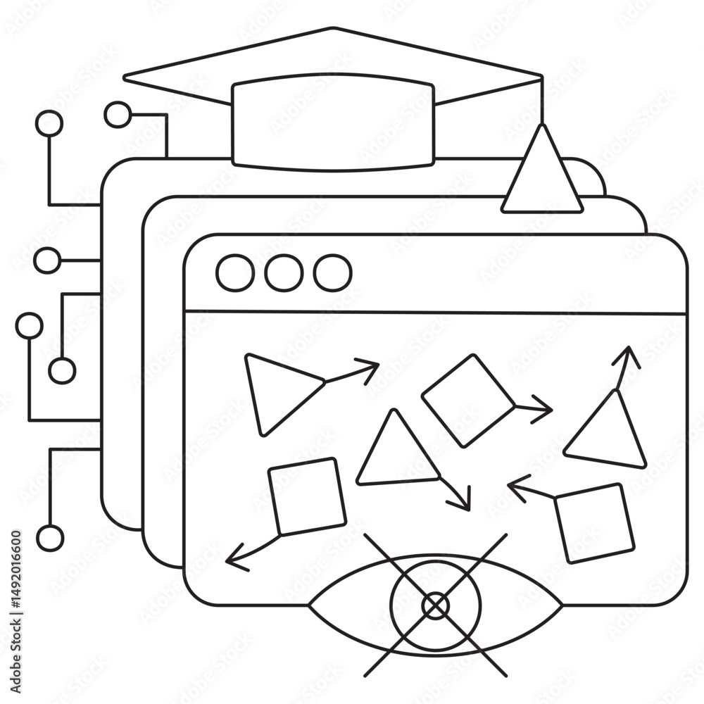 Icon of Unsupervised Learning with layered screens, flowchart shapes, and hidden eye symbol ...