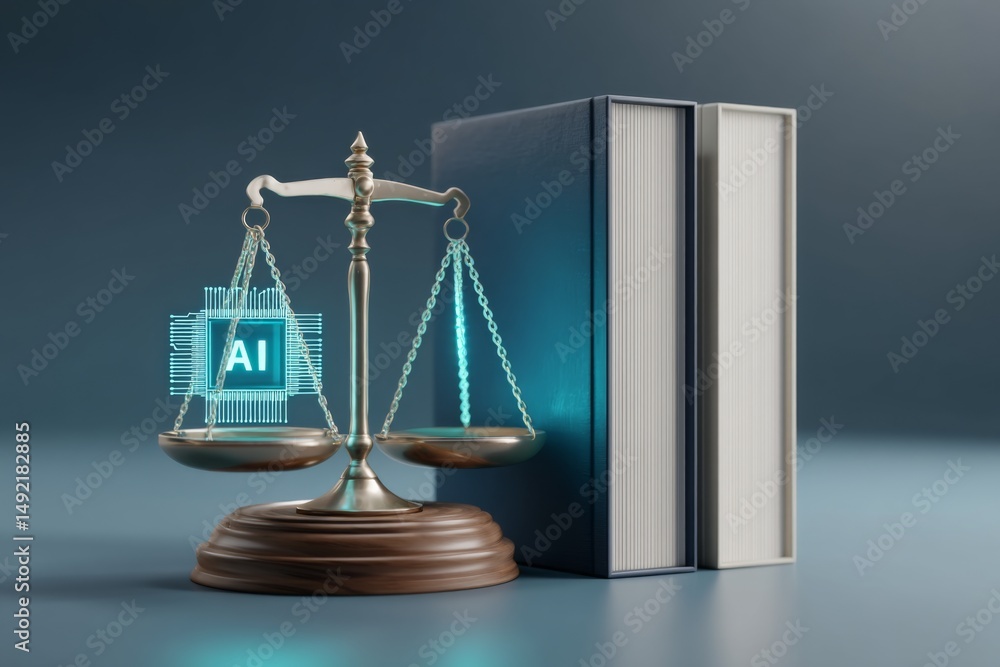 Symbolic balanced scales with AI chip icon on one side, concept of ...